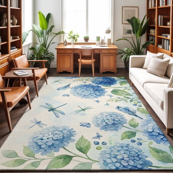 Blue Floral Bird Washable Area Rug 5 x 8 ft Summer Blue Flower ...