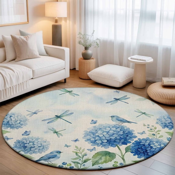 Blue Floral Bird Washable Round Area Rug 7 ft, Summer Blue Flower ...