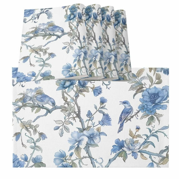 Blue Floral Birds Placemats for Dinning Table Set of 4, Farmhouse ...