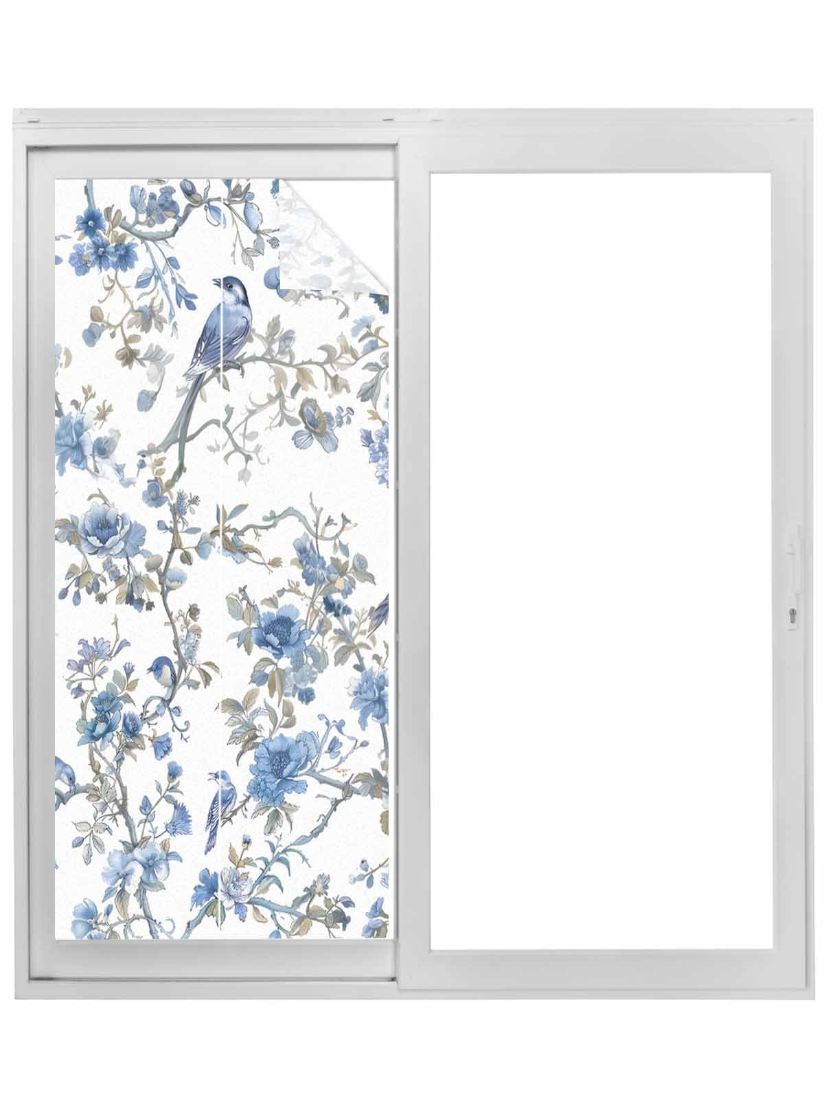 Blue Floral Birds Window Privacy Film, Farmhouse Flowers Pastoral ...