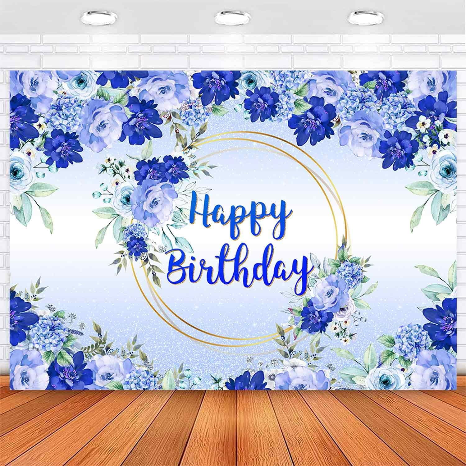 Blue Floral Birthday Backdrop Royal Blue Flower Gold Loops Happy ...