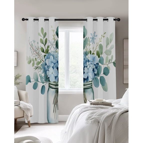 Blue Floral Blackout Curtains 2 Panels, Pastoral Eucalyptus Leaf ...