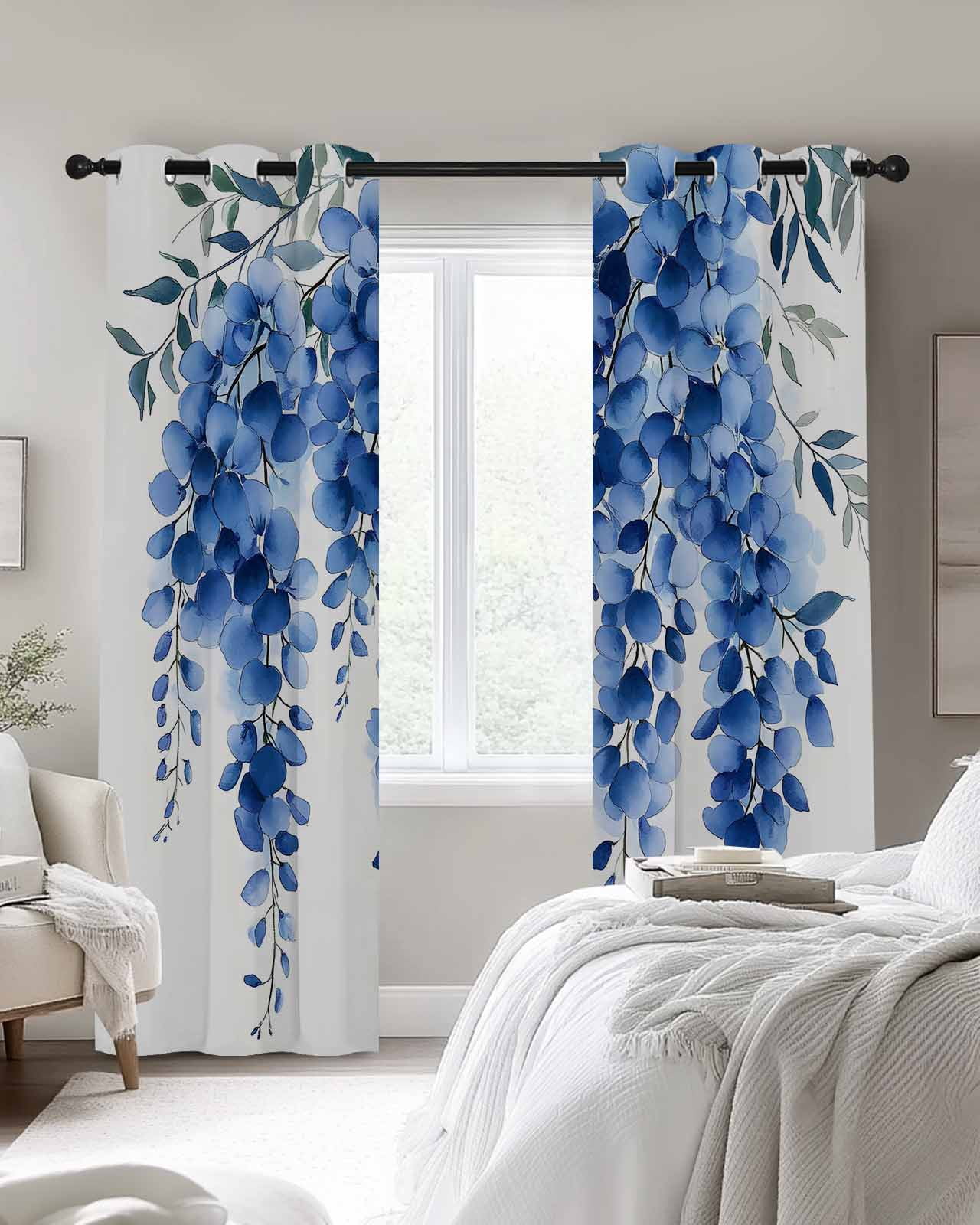 Blue Floral Blackout Curtains 2 Panels Watercolor Spring Gradient Blue ...