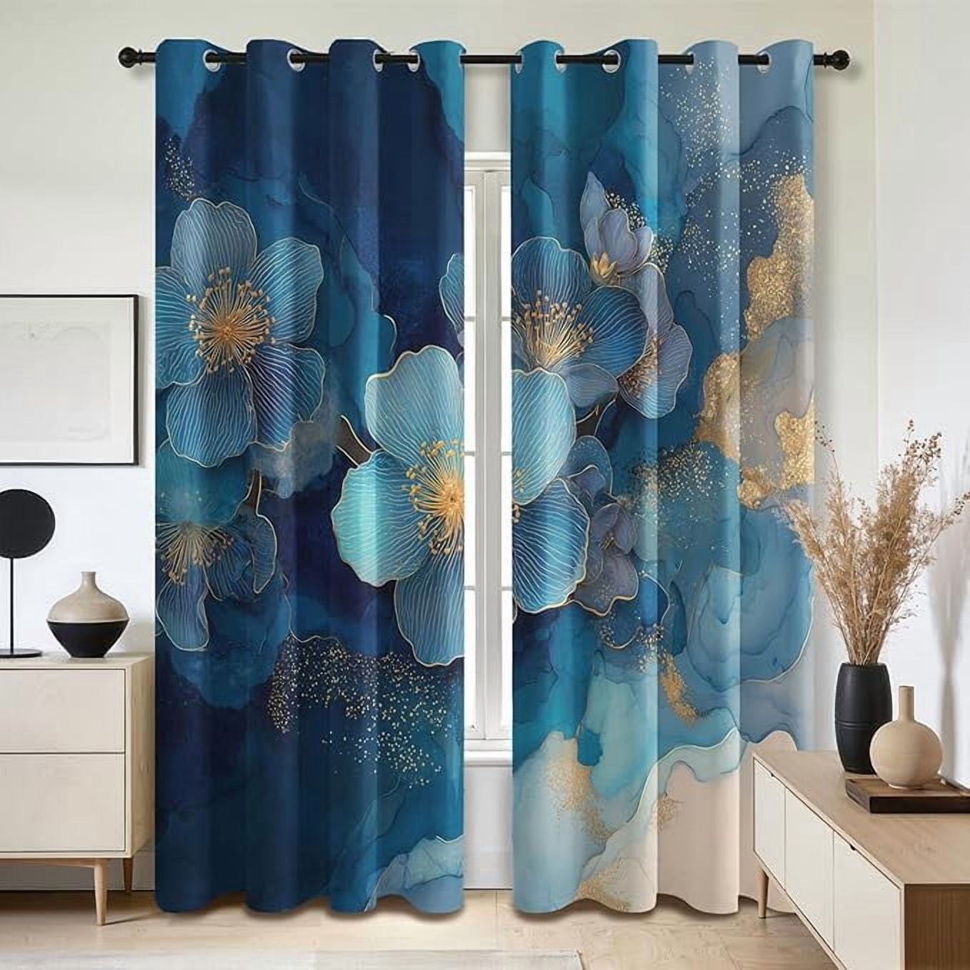 Blue Floral Blackout Curtains for Bedroom Living Room, Luxury Floral ...