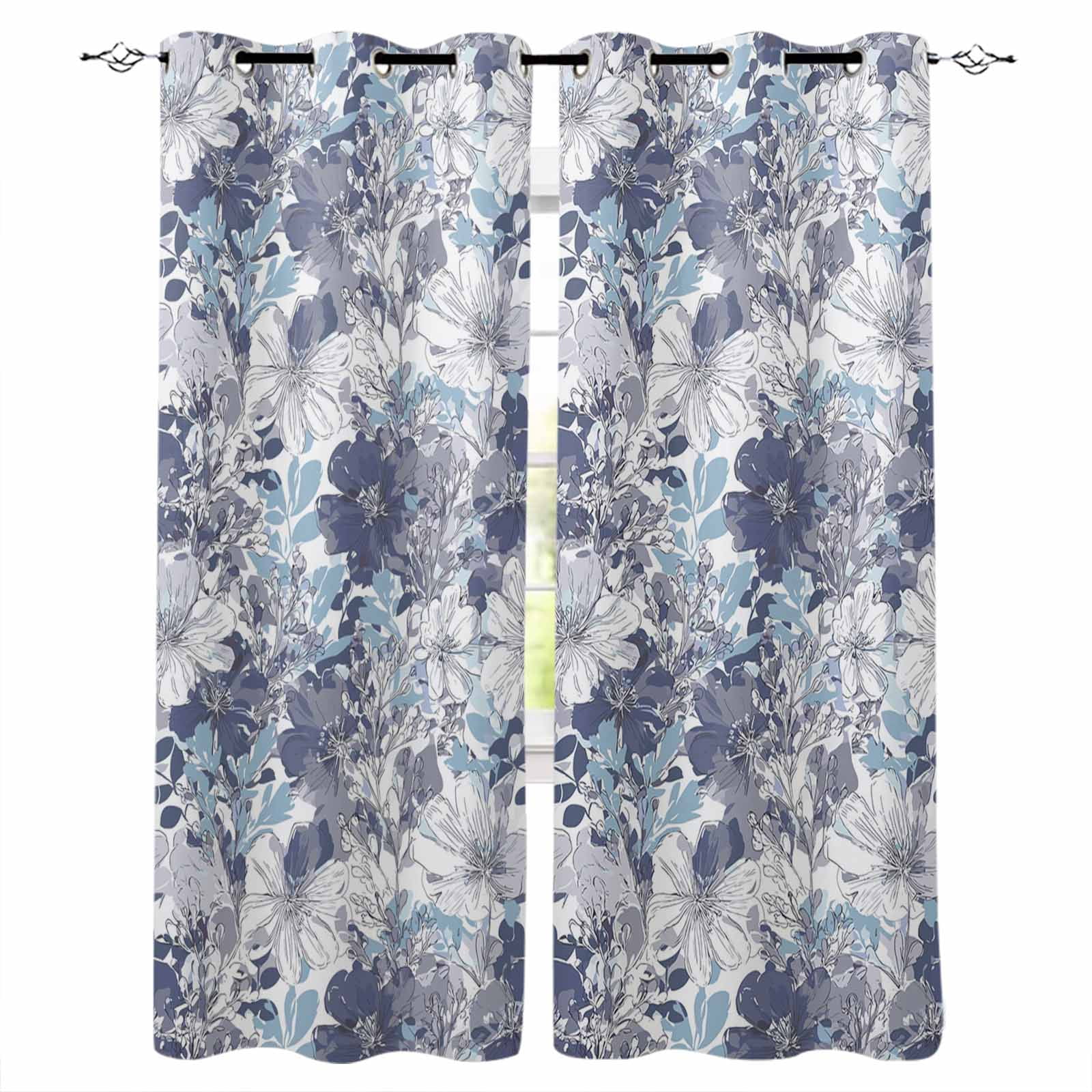 Blue Floral Blackout Curtains for Bedroom, Spring Botanical Flowers ...