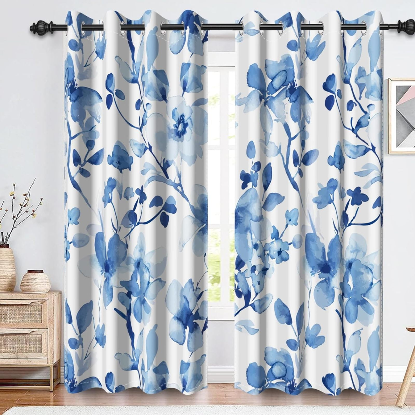 Blue Floral Blackout Curtains For Bedroom Watercolor Flower Leaves Iink ...