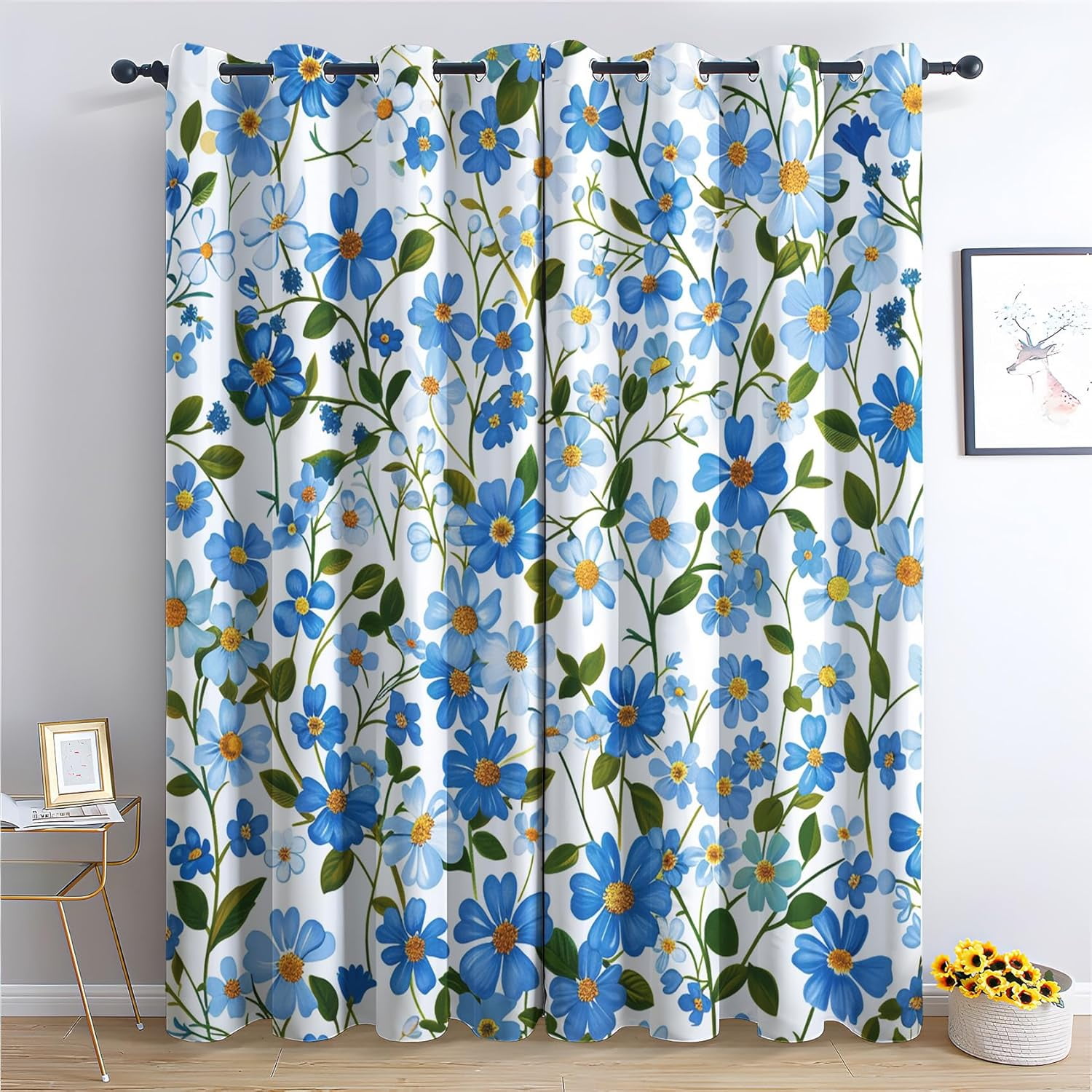 Blue Floral Blackout Curtains, Botanical Window Curtains & Bedroom ...