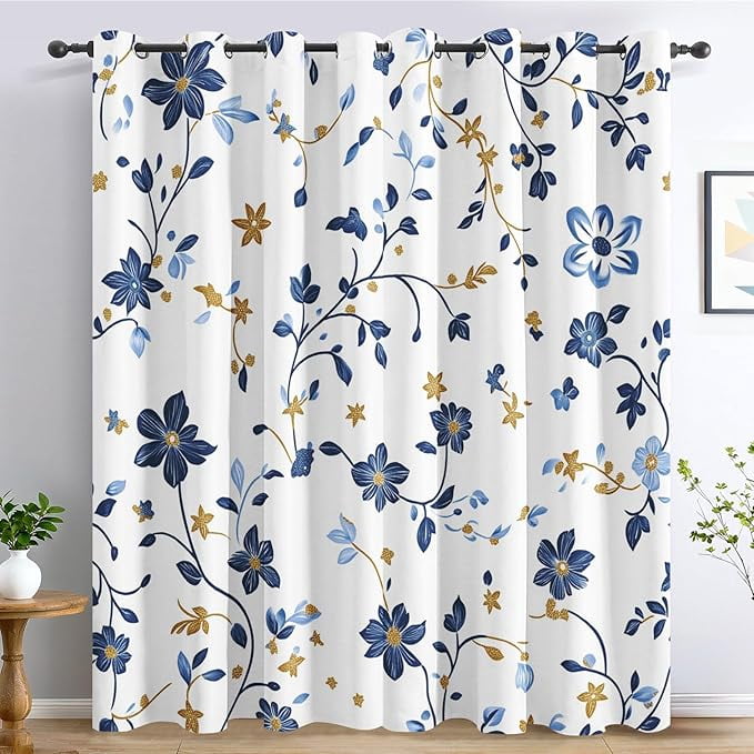 Blue Floral Blackout Curtains, Flower Botanical Curtains for Living ...