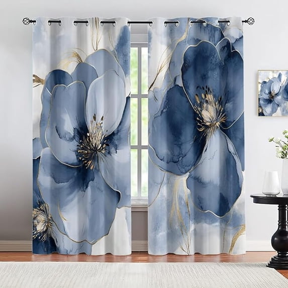 Blue Floral Blackout Curtains For Girls Boys Home Decor, Marble Floral ...