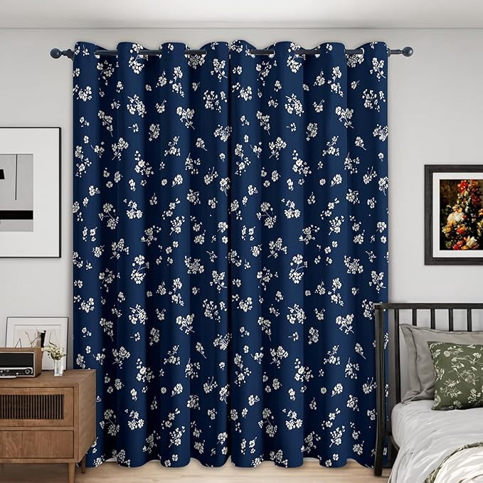 Blue Floral Blackout Curtains, Small Flower Country Cottage Curtains ...