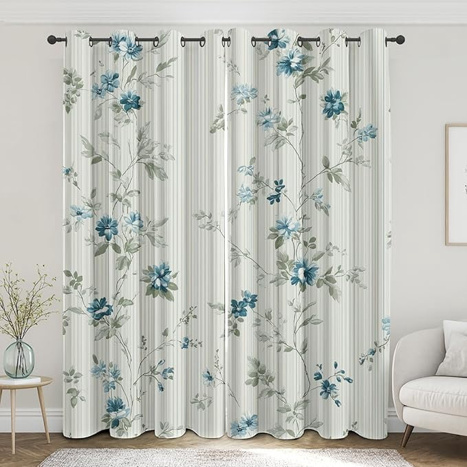 Blue Floral Blackout Curtains, Vertical Stripe Pattern Curtains for ...