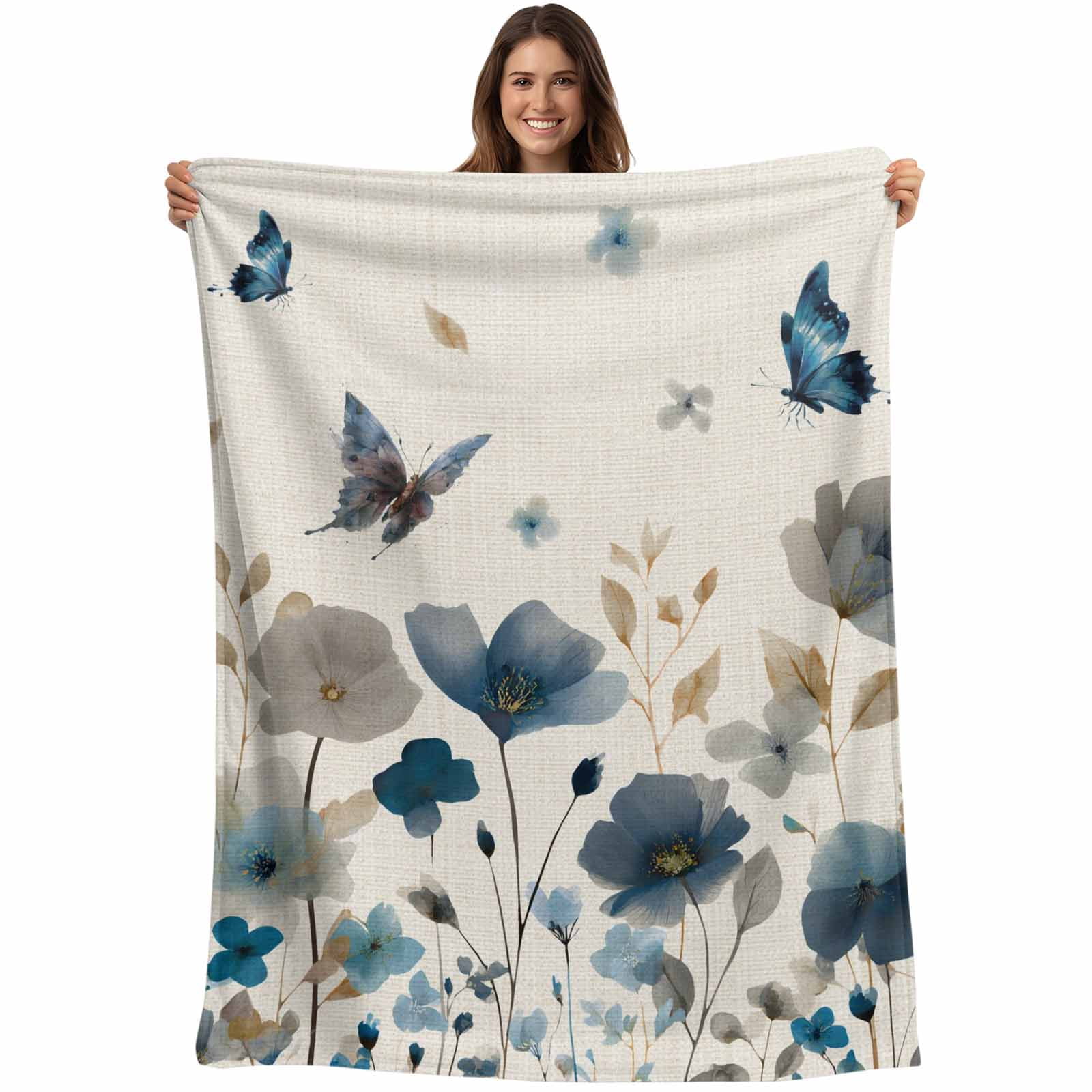 Blue Floral Blanket Soft Cozy Warm Throw Blanket for Couch, Plush Fuzzy ...