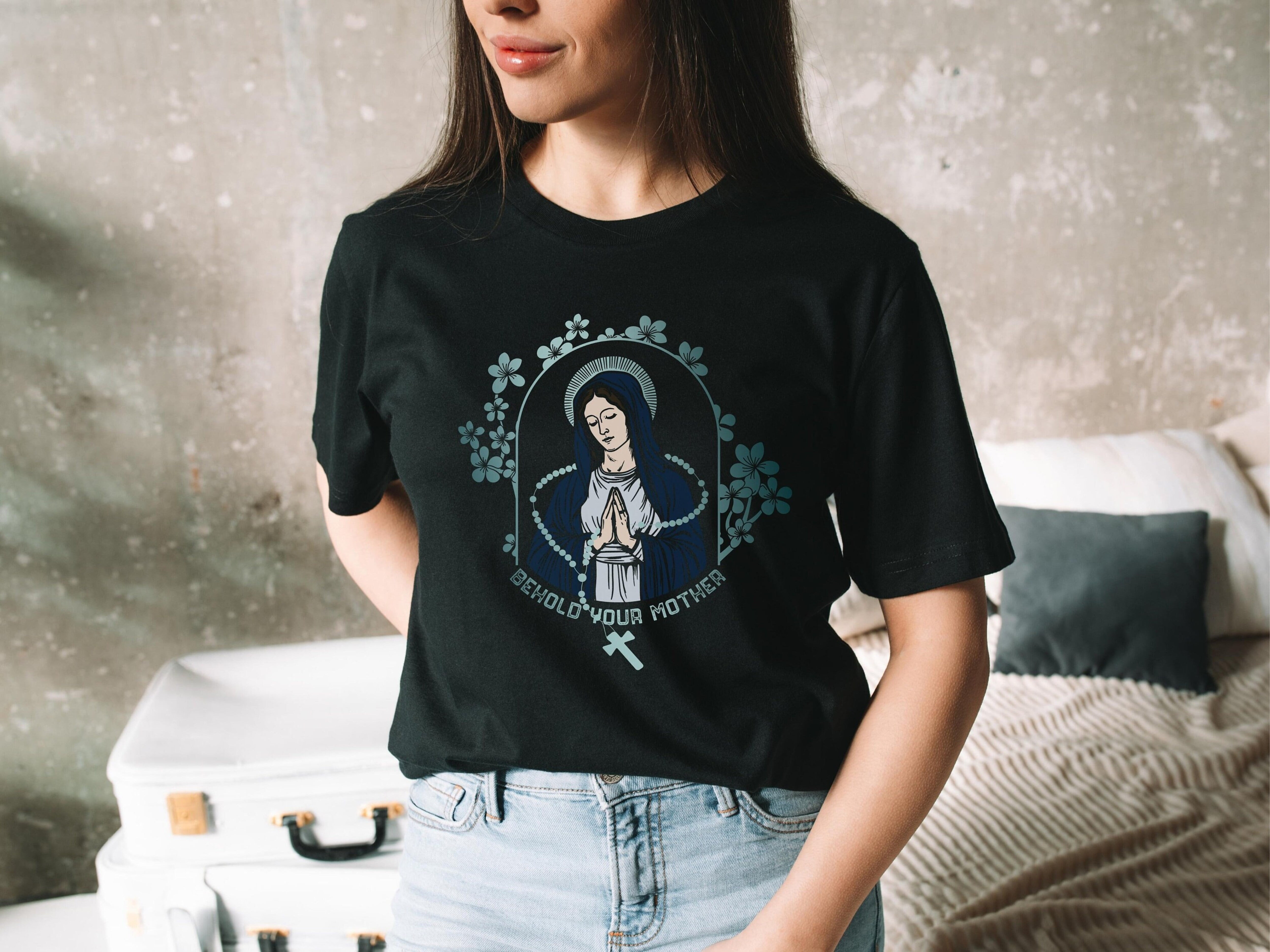 Blue Floral Blessed Virgin Mary T-shirt, Behold your Mother, Marian ...