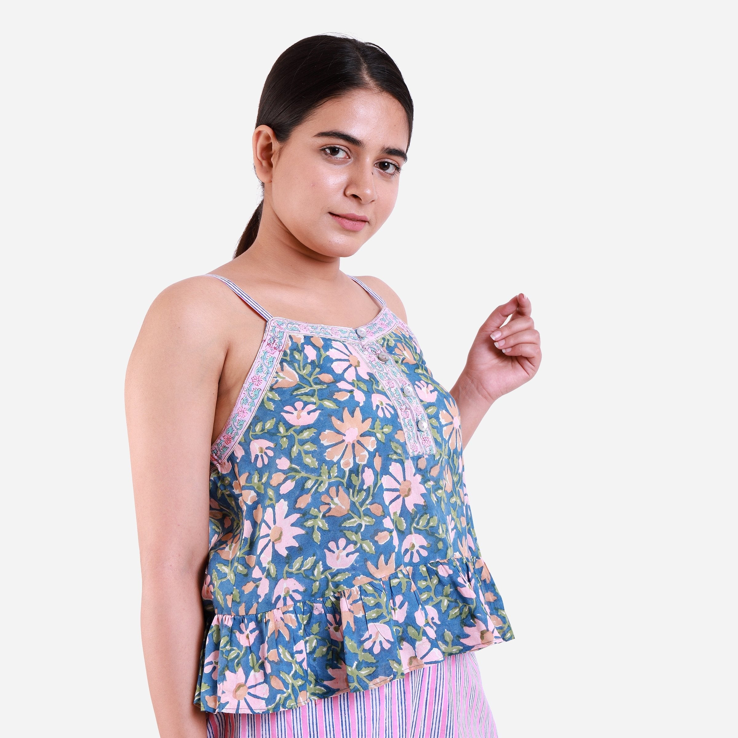 Blue Floral Block Print Frilled Cotton Camisole Top - Walmart.com