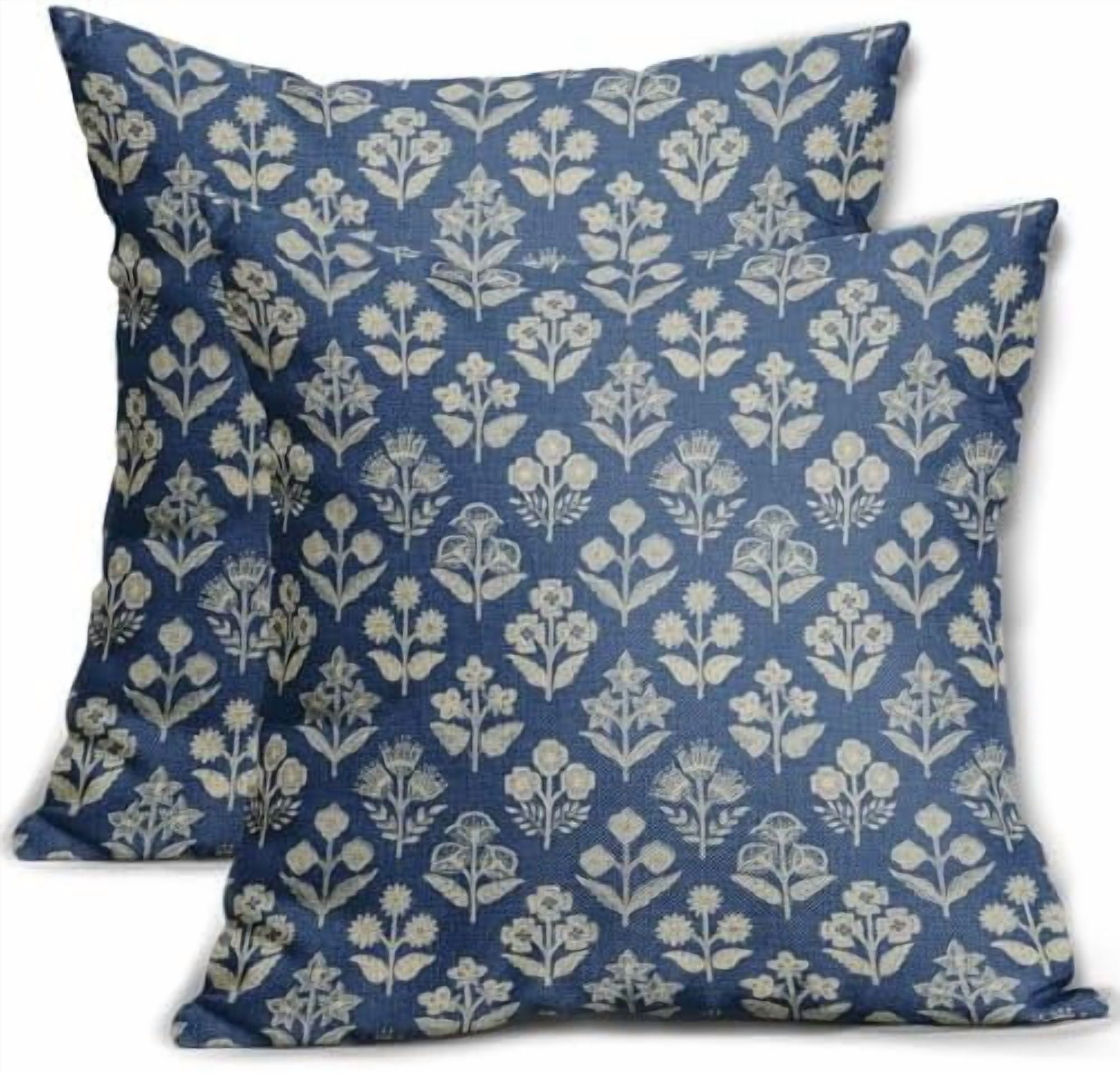 Blue Floral Block Print Pillow Covers 16x16 Inch Set of 2, Vintage ...