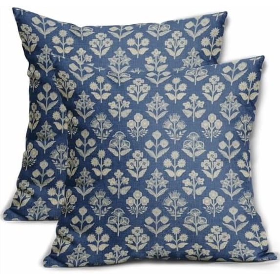Blue Floral Block Print Pillow Covers 16x16 Inch Set of 2, Vintage ...