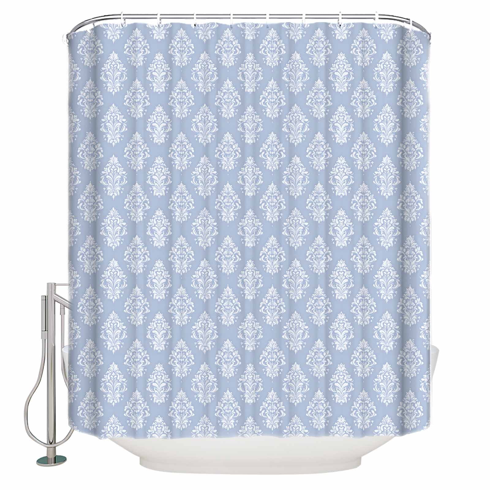 Blue Floral Boho Bathroom Shower Curtains with 12 Hooks Polyester ...