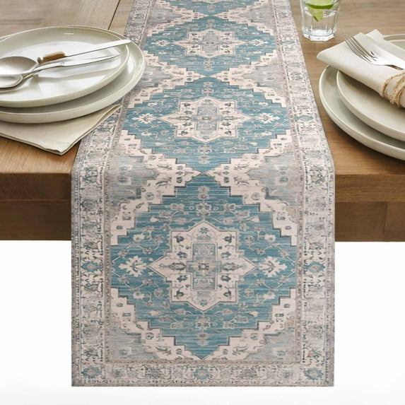 Blue Floral Boho Table Runner 13x36 inch Medieval Ethnic Turkey Cotton ...