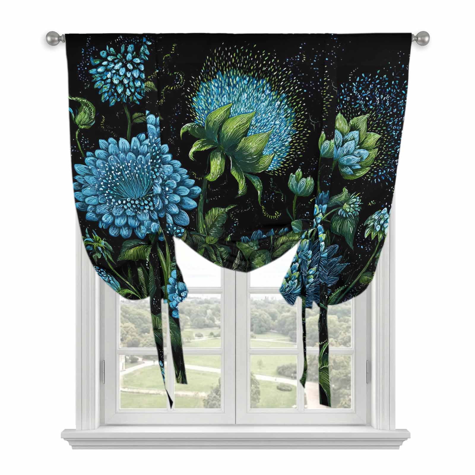 Blue Floral Boho Tie Up Curtains for Window, Thermal Insulated Balloon ...
