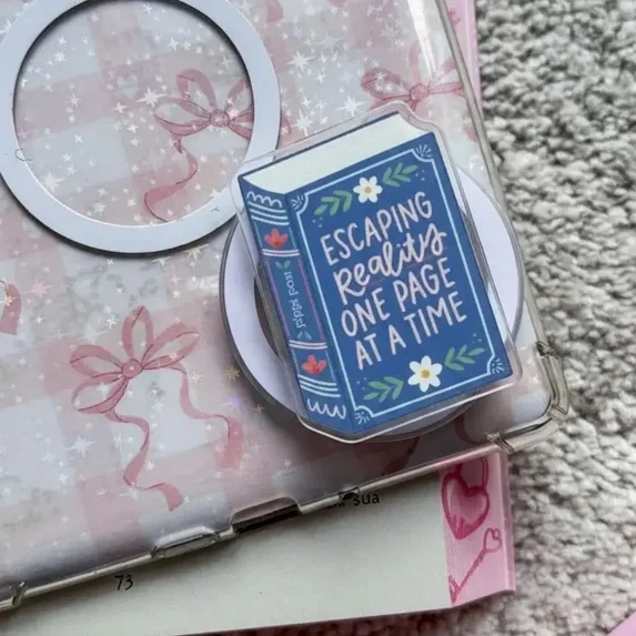 Blue Floral Bookish Phone Holder, Escaping Reality Grip, Cute Book ...
