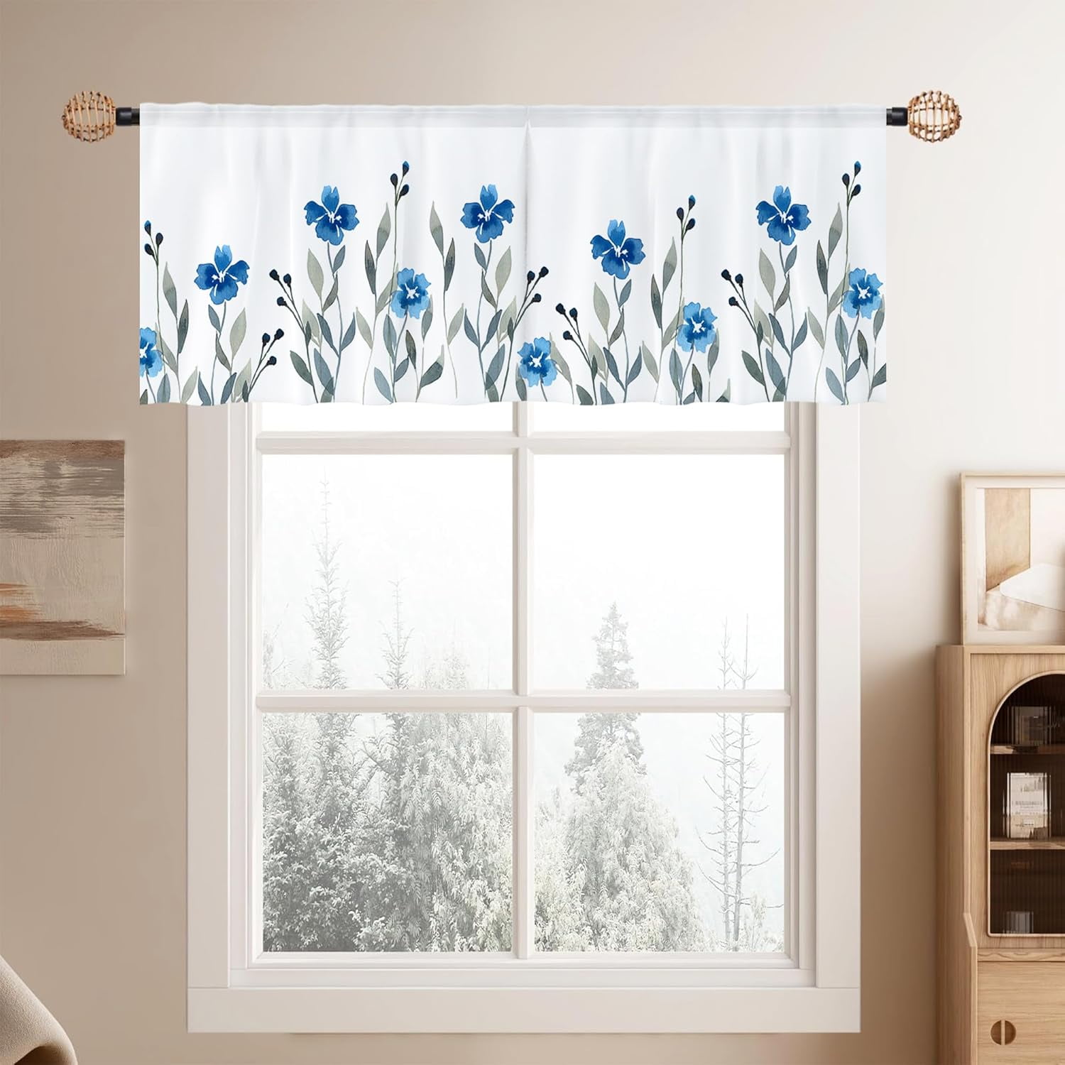 Blue Floral Botanical Leaves Flowers Curtain Toppers Valance for Window ...