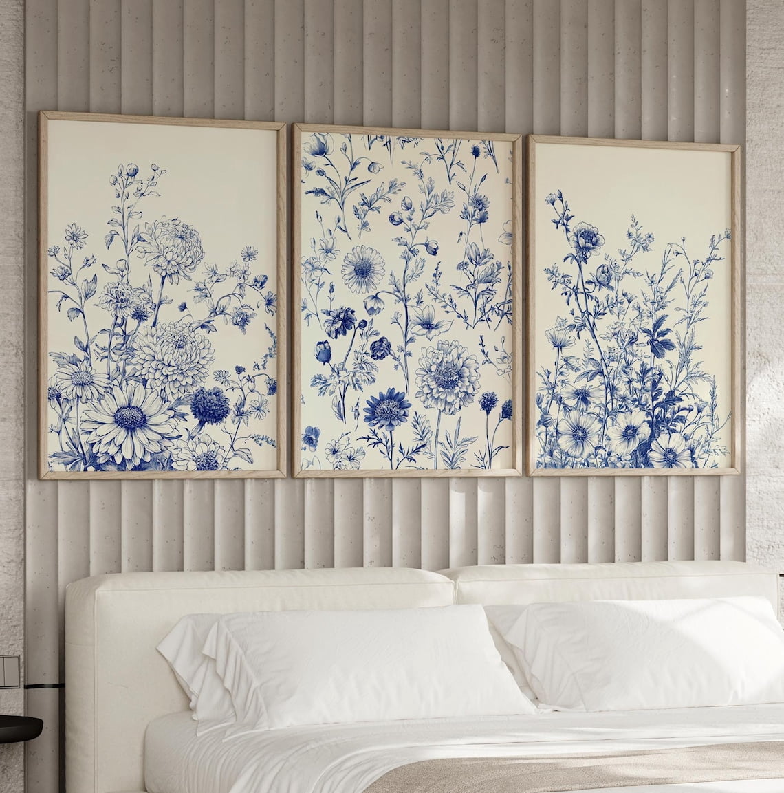 Blue Floral Botanical Line Art Chinoiserie Style Minimalist Flowers ...
