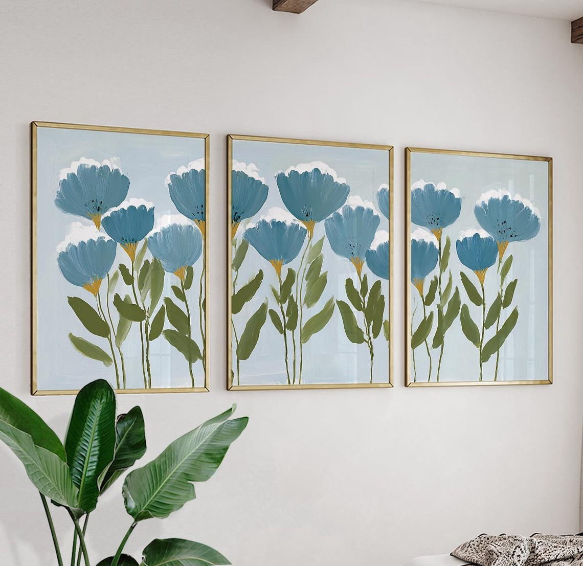 Blue Floral Botanical Minimal Painted Flower Art Set 3 Stretched Canvas ...