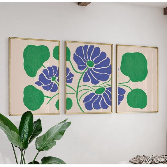 Blue Floral Botanical Modern Abstract Flower Triptych Green Decor Art ...