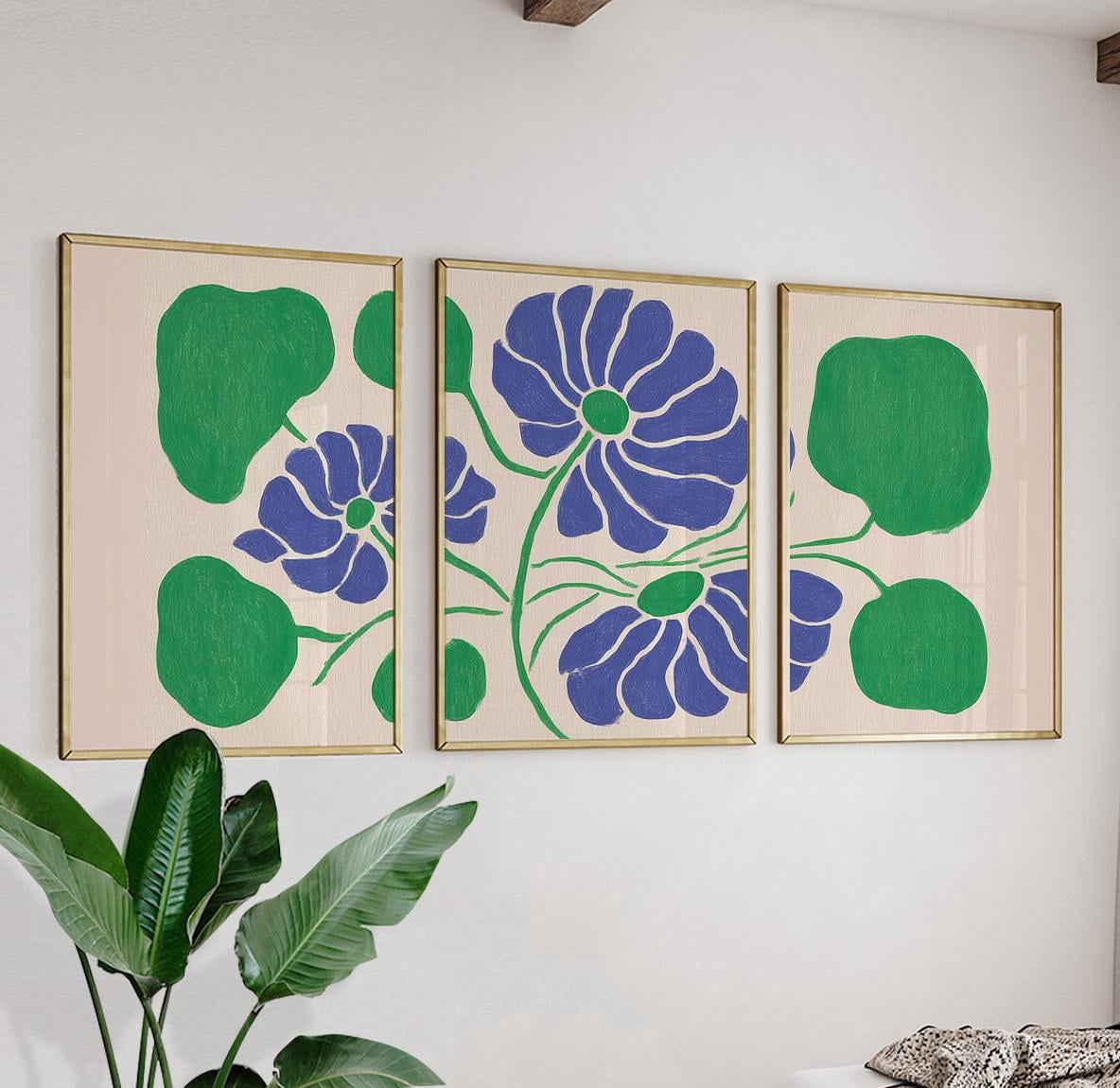 Blue Floral Botanical Poster Set Modern Abstract Flower Triptych Wall ...