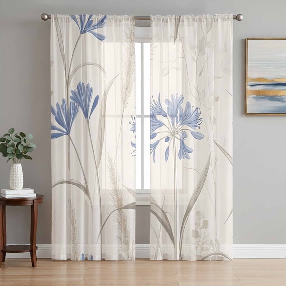 Blue Floral Botanical Sheer Curtains 72 Inch Length 2 Panels Set ...