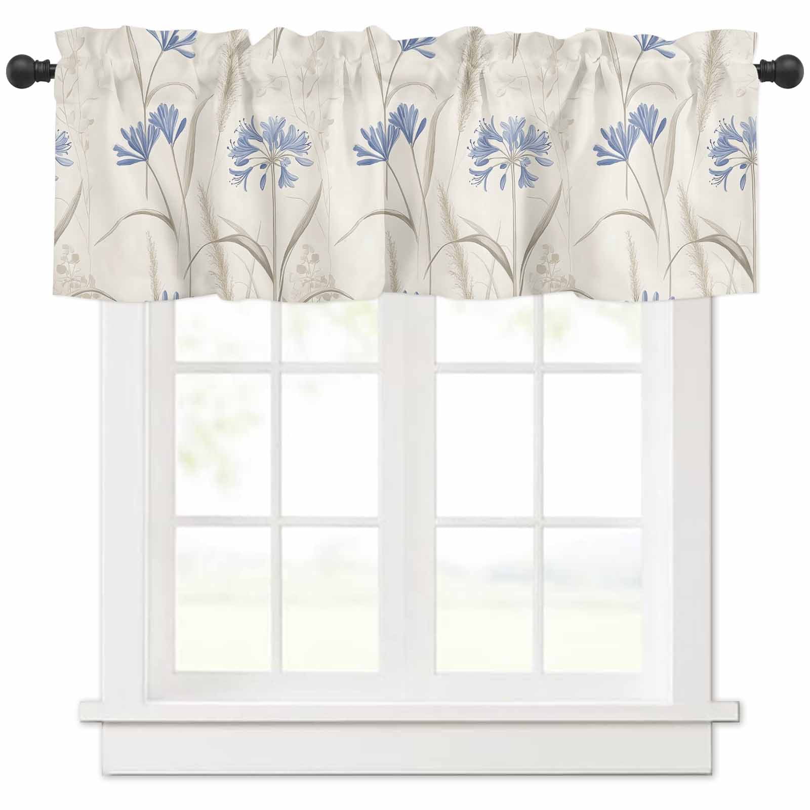 Blue Floral Botanical Valances for Windows Farmhouse Kitchen Curtains ...