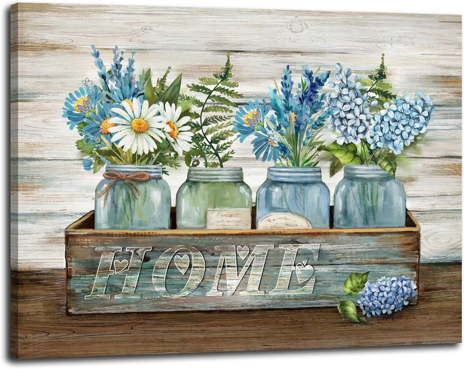 Blue Floral Bouquets Rustic Flowers Wall Art Home Decor Canvas Pictures ...