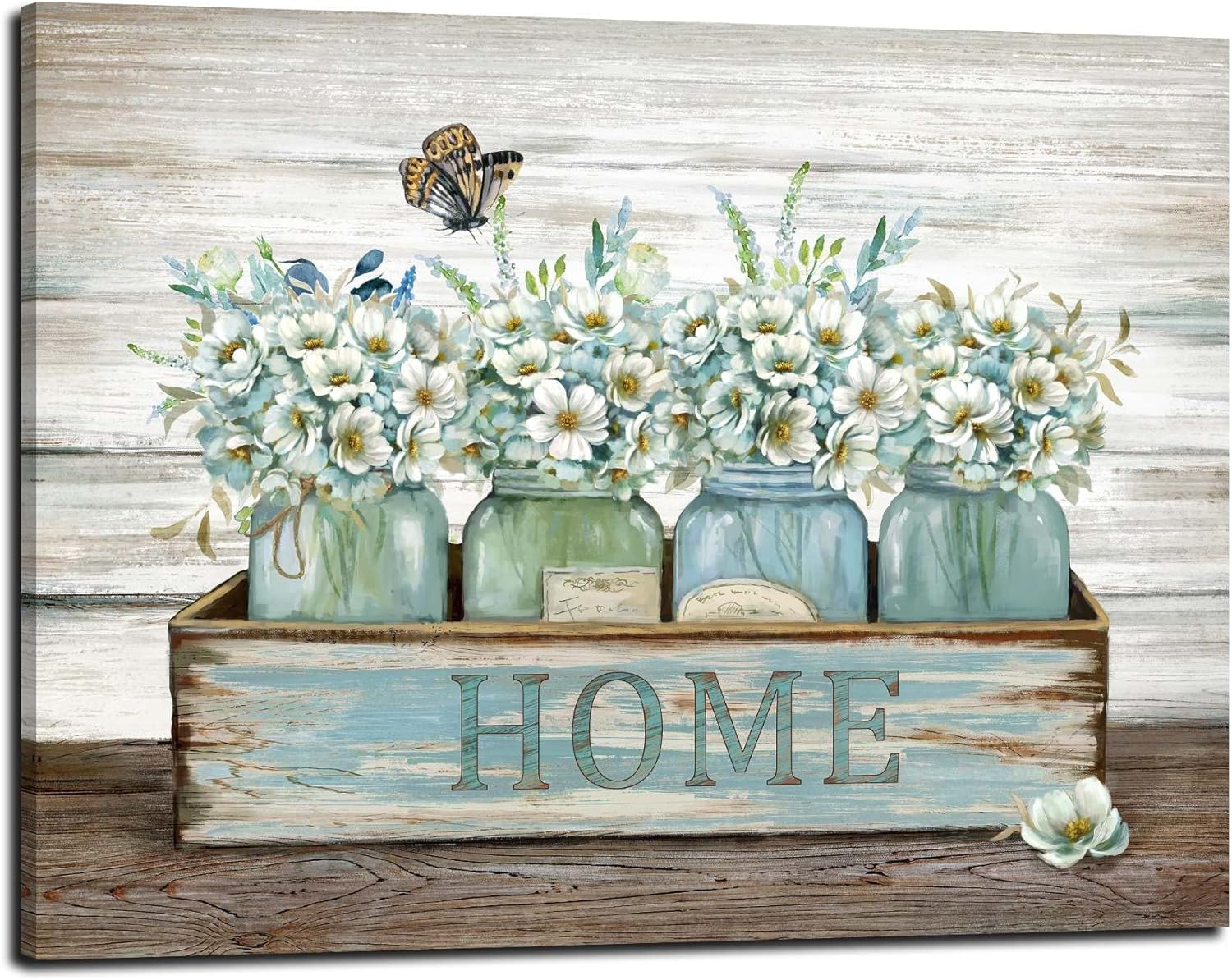 Blue Floral Bouquets Rustic Flowers Wall Art Home Decor Canvas Pictures ...