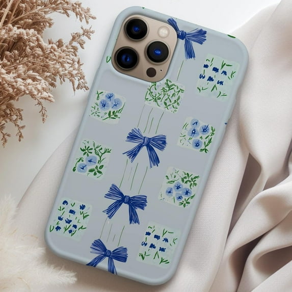 Blue Floral Bow Patchwork Preppy Phone Case 17 16 15 14 13 12 11 Pro ...