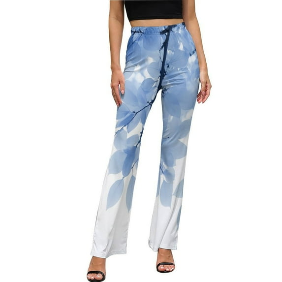 Blue Floral Branches Print High Waisted Casual Flared Trousers Summer ...