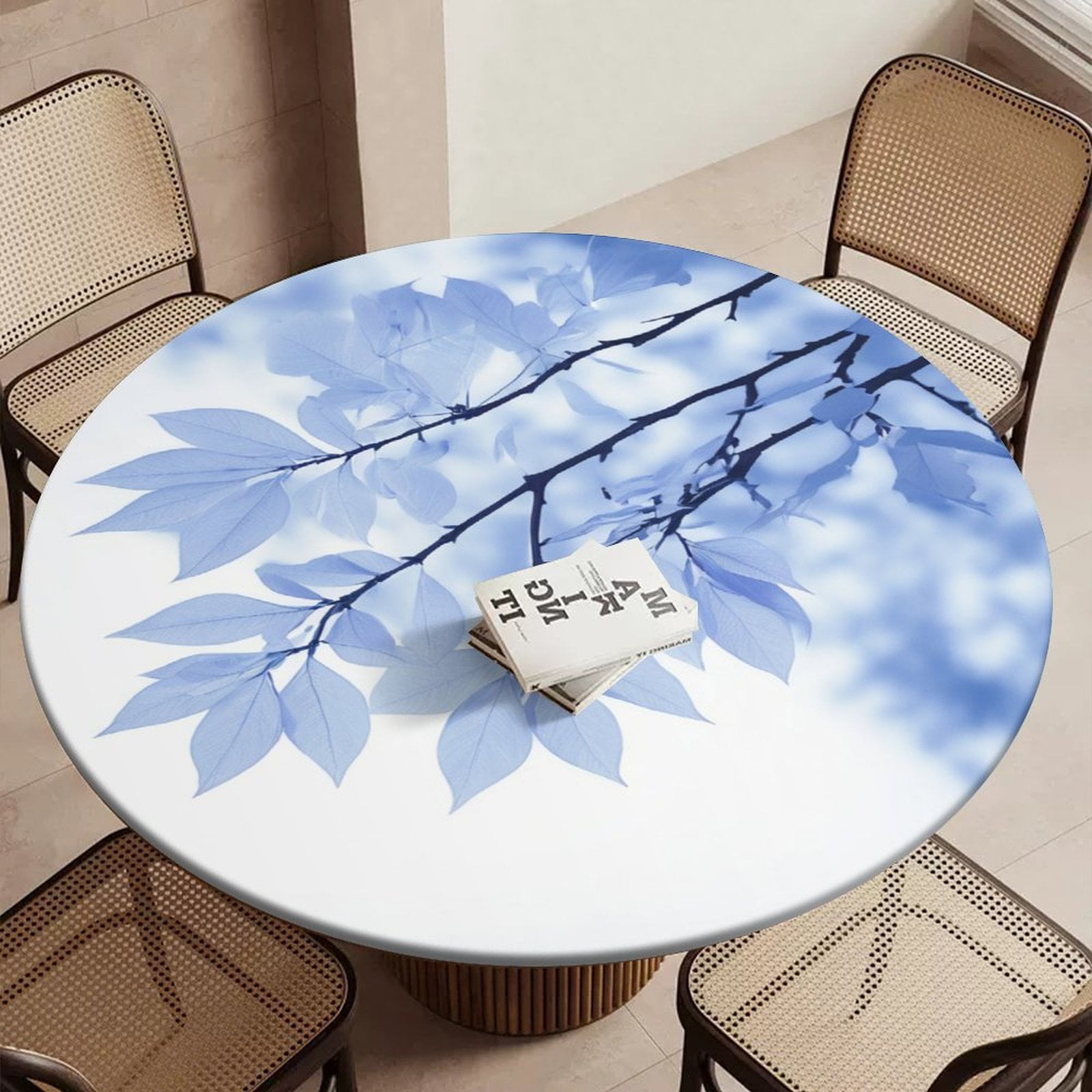 Blue Floral Branches Print Round Table Cover Kitchen Printed Waterproof ...