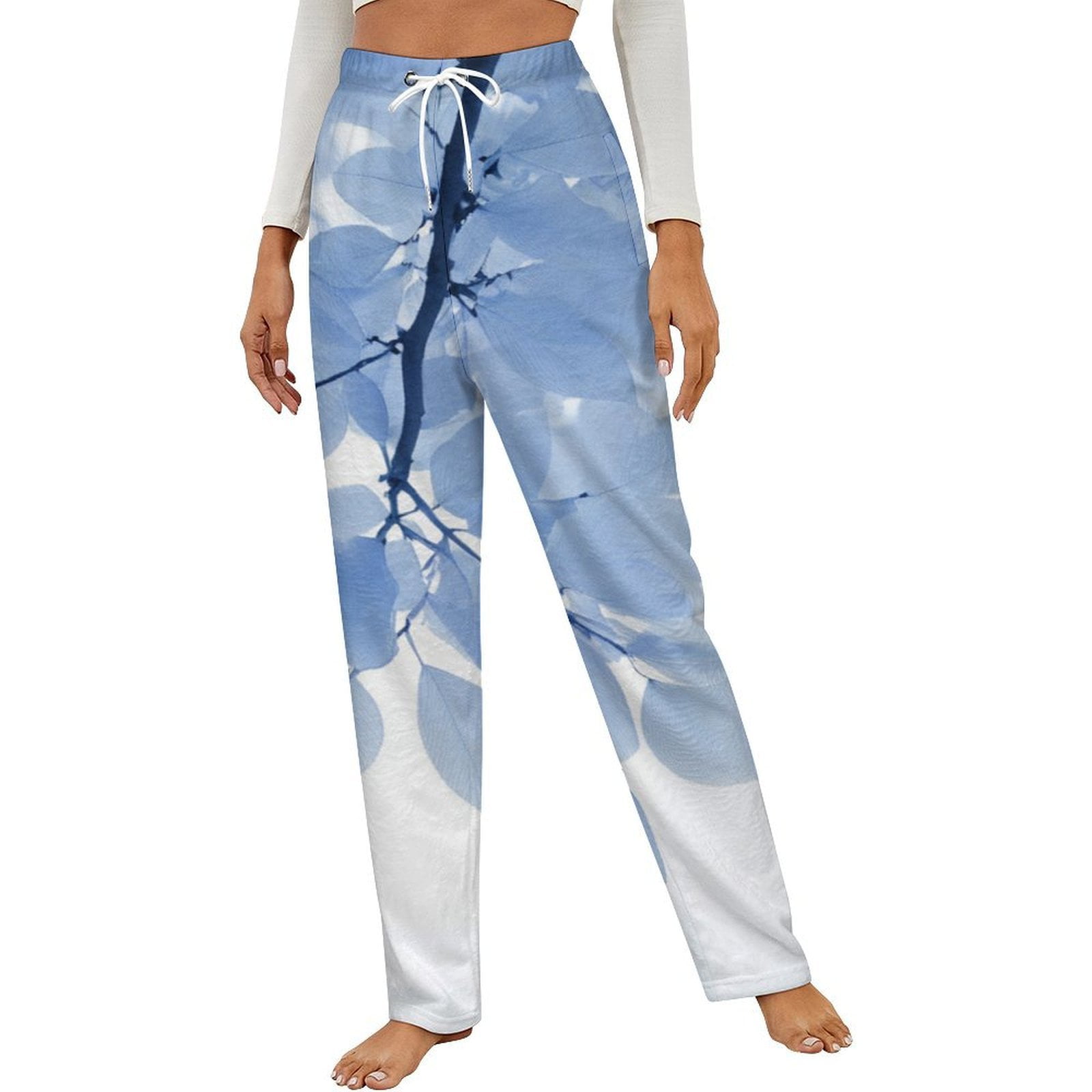 Blue Floral Branches Print Winter Female Pants Flannel High Waist Women ...