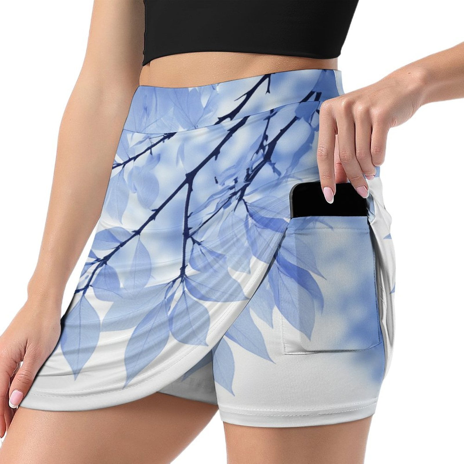 Blue Floral Branches Print Women's Shorts Non-Slip Single Pocket A-line ...