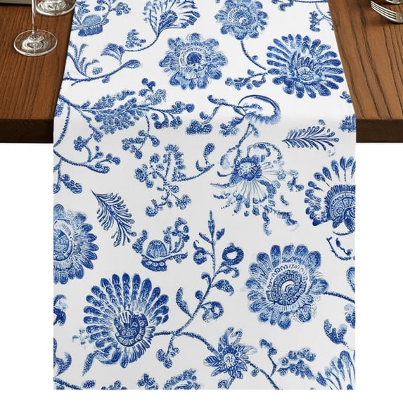 Blue Floral Burlap Cotton Table Runner 16x72 Inches Long, Elegant ...