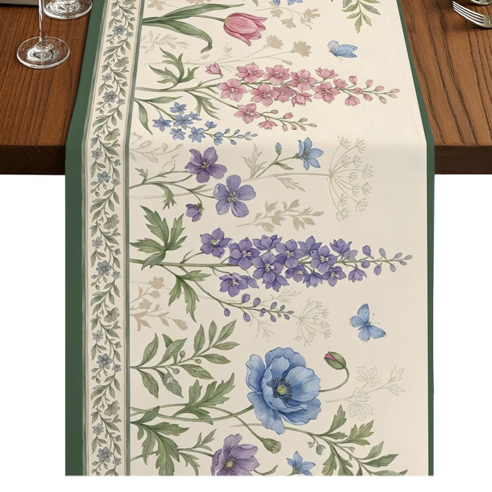Blue Floral Burlap Cotton Table Runner 16x72 Inches Long, Farmhouse ...