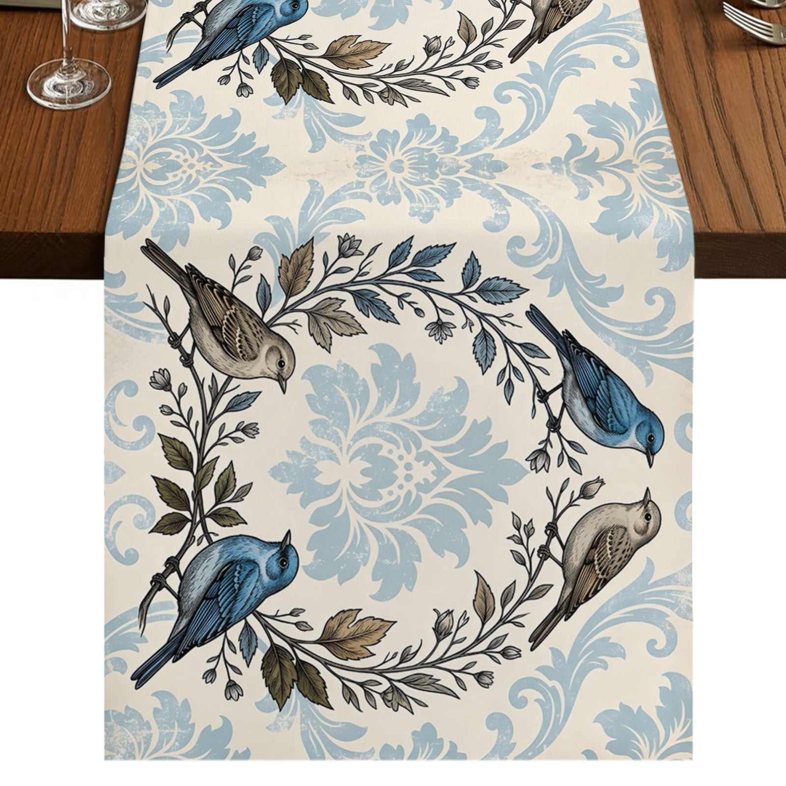 Blue Floral Burlap Cotton Table Runner 18x72 Inches Long, Rustic Birds ...