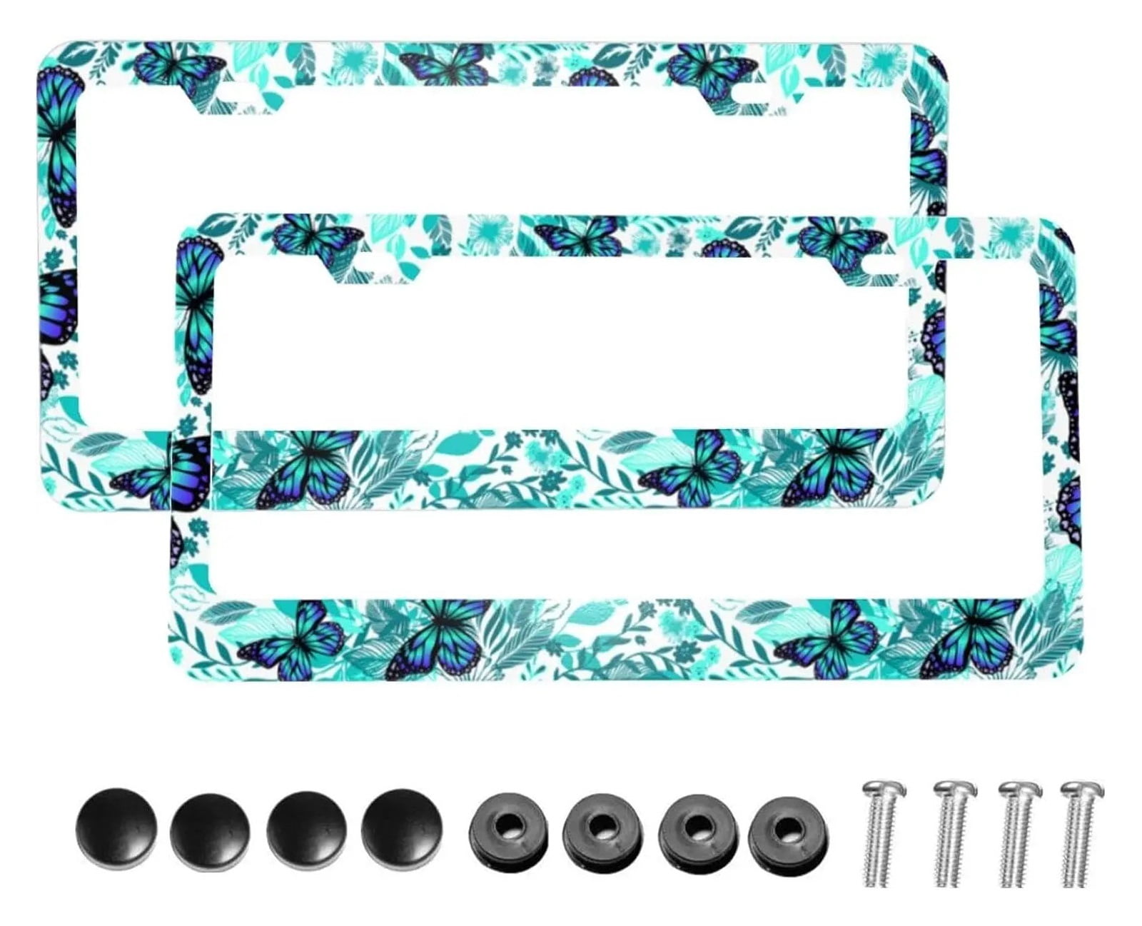 Blue Floral Butterflies 2Pcs License Plate Frame Aluminum Metal with ...