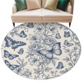Blue Floral Butterfly Round Rug 7ft Washable Circle Rugs Non Slip ...