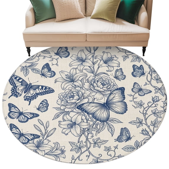 Blue Floral Butterfly Round Rug 7ft Washable Circle Rugs Non Slip ...