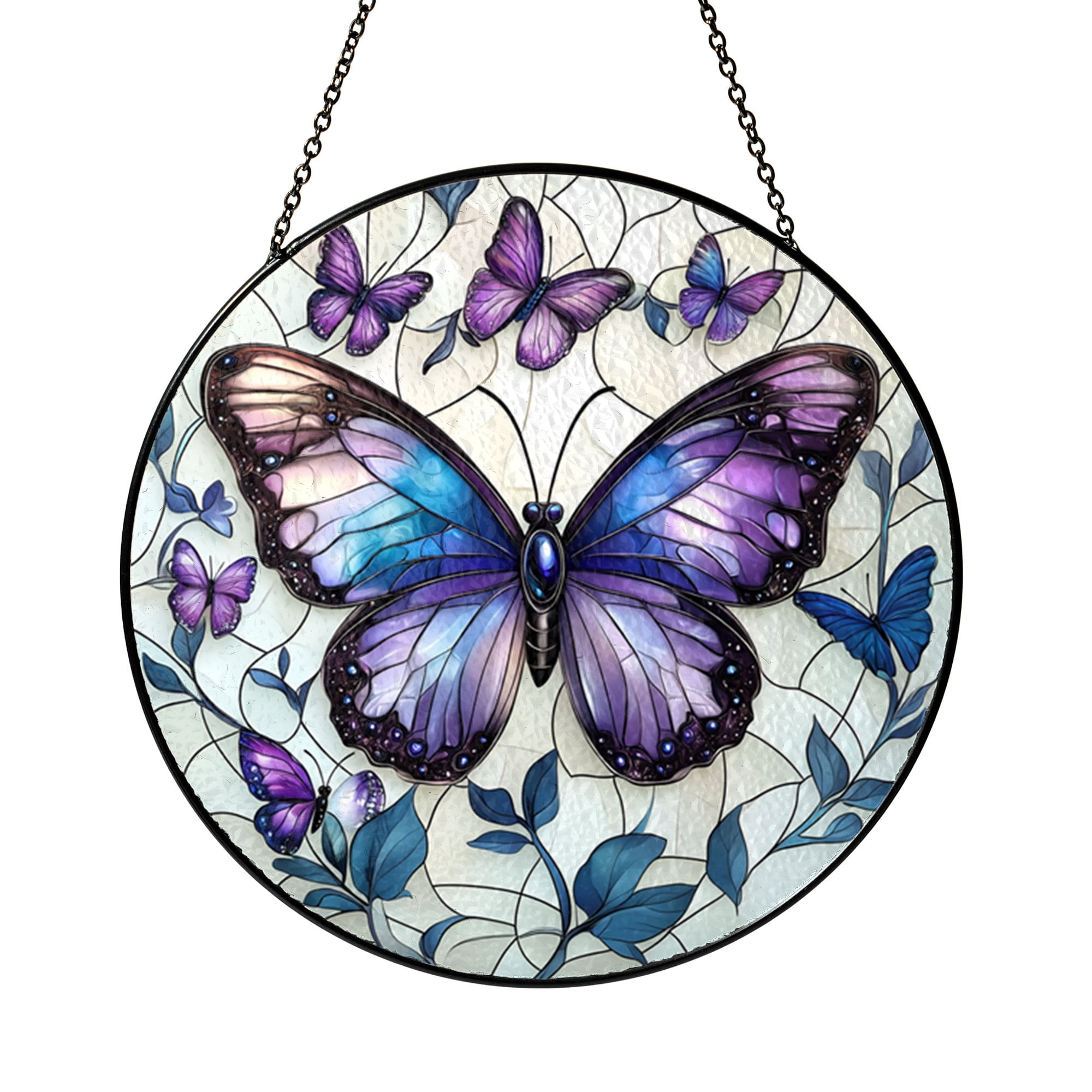 Blue Floral Butterfly Scene Window Suncatcher, Decorative Stained Glass ...