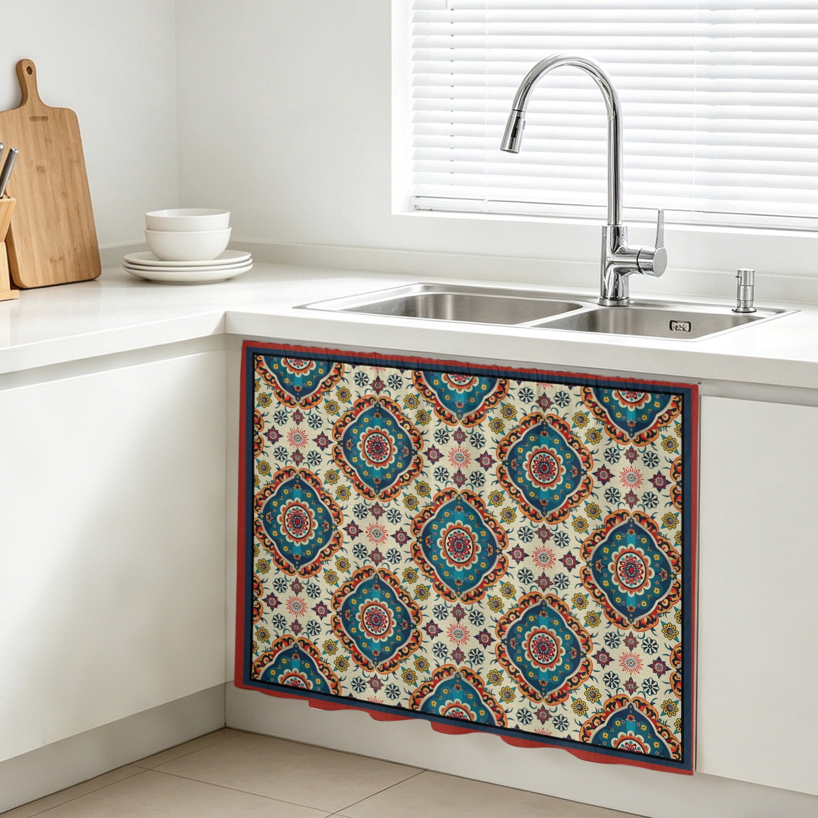 Blue Floral Cabinet Curtain, Pattern Vintage Ethnic Style Sink Skirt ...