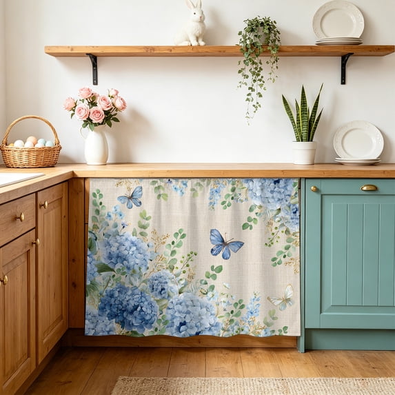 Blue Floral Cabinet Curtains 11" W x 13" L Summer Country Hydrangea ...