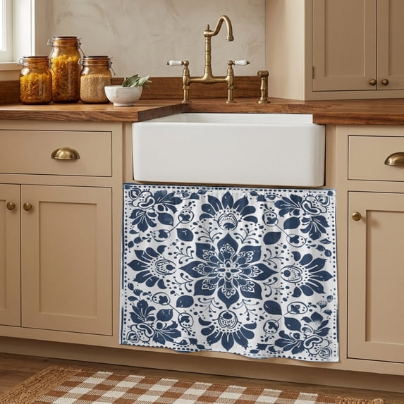 Blue Floral Cabinet Curtains 27.6"W x 35.4"L, Ethnic Boho Botanical ...