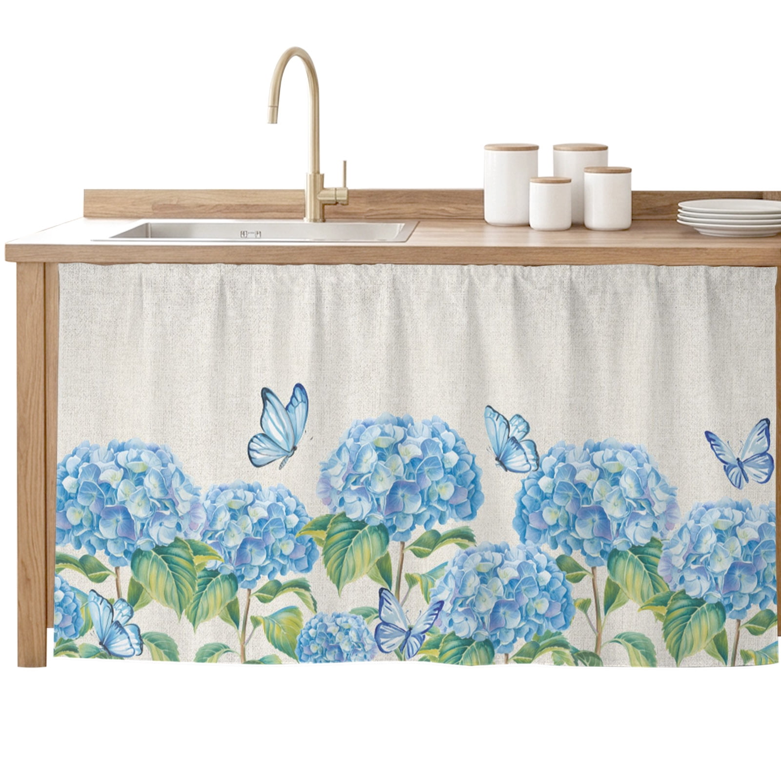 Blue Floral Cabinet Curtains 32"W x 55"L,Dustproof Sink Skirt Curtain ...