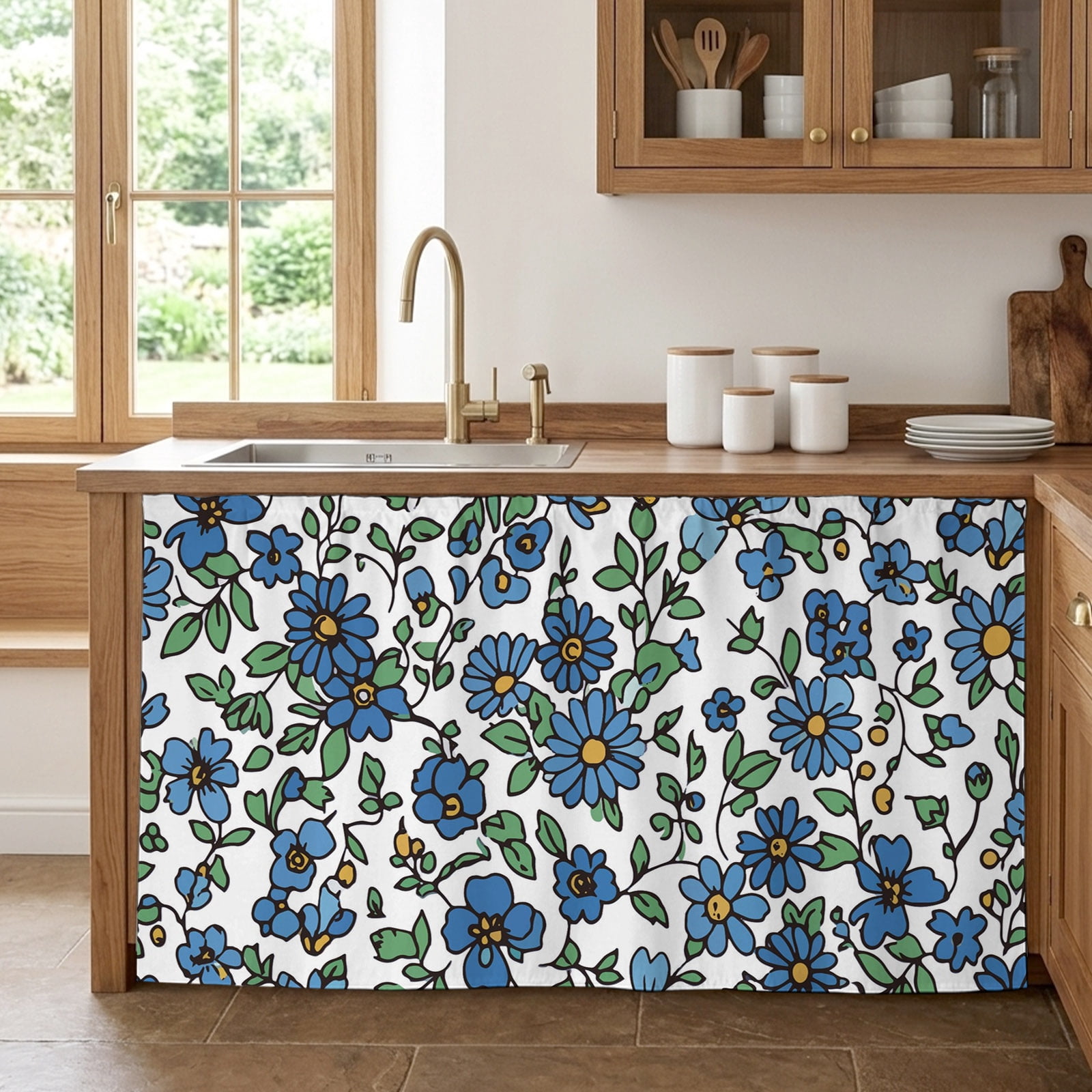 Blue Floral Cabinet Curtains for Kitchen 28"W x 51"L, Botanical ...